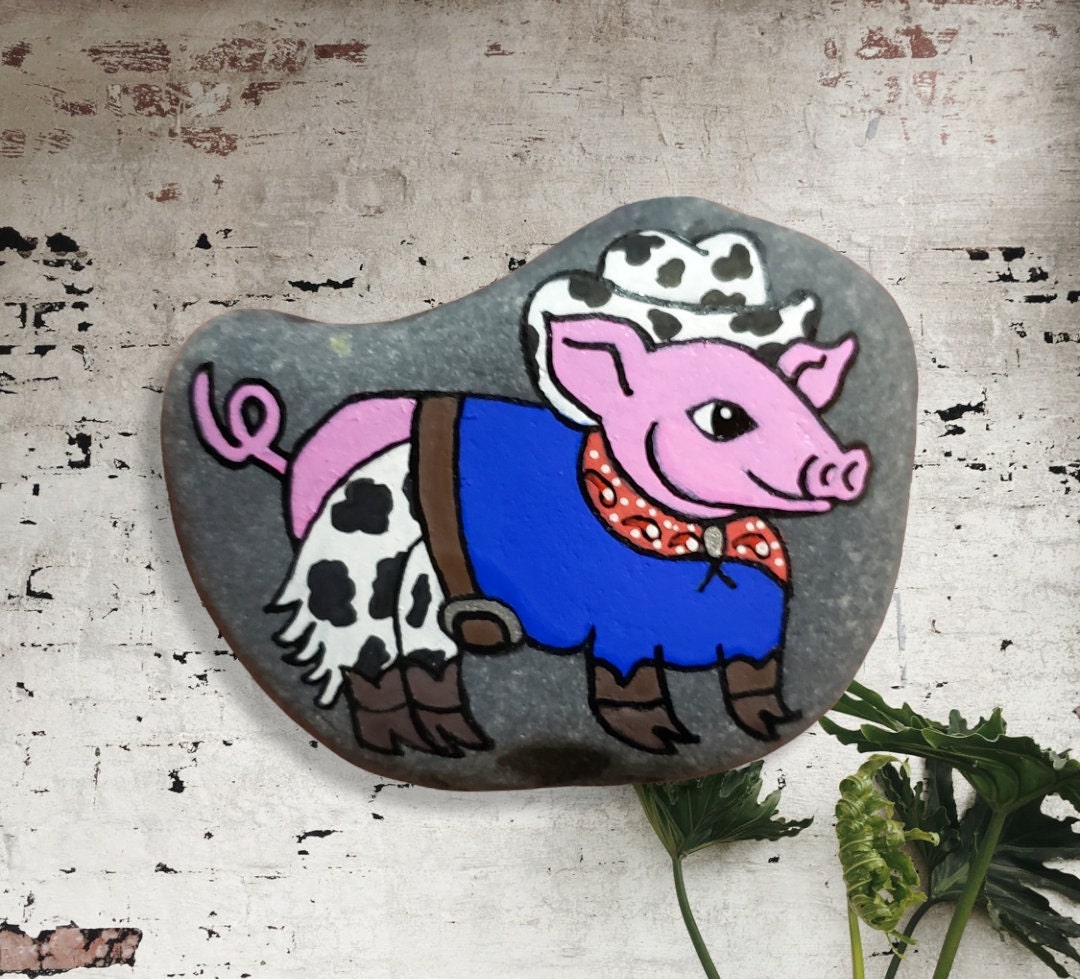 Cowboy Pig Painted Rock Art - Etsy