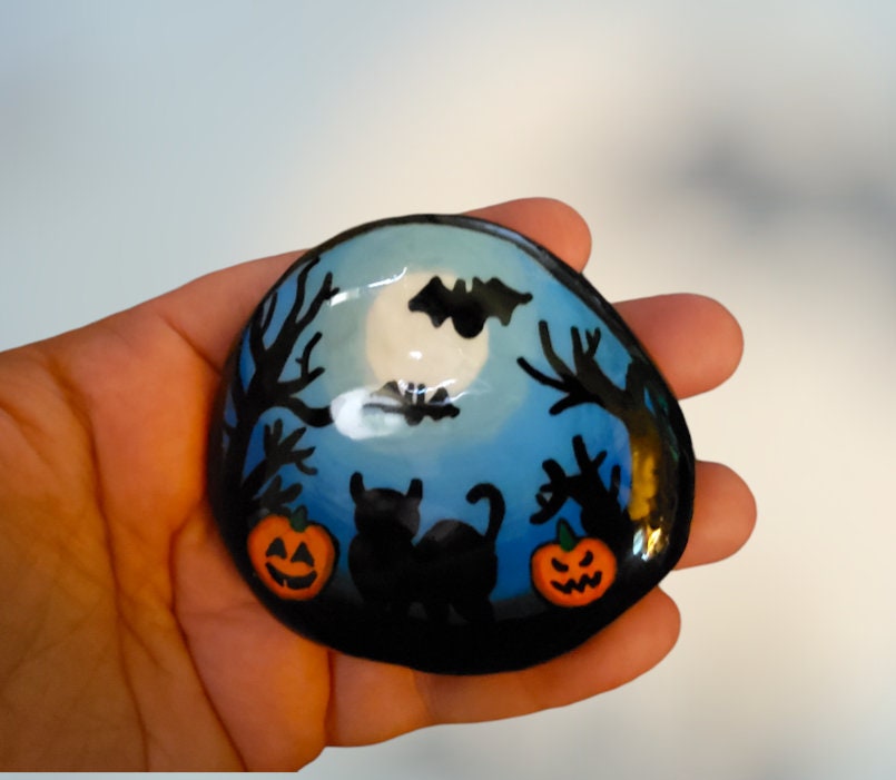 Black Cat Halloween Rock Painting, Stone Painting - Etsy