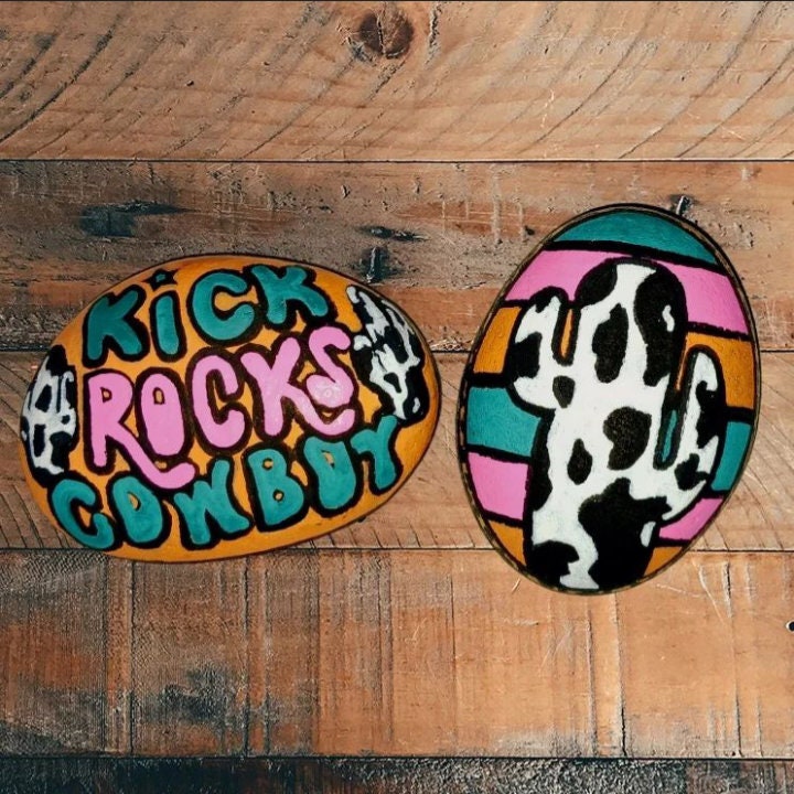 Kick Rocks Cowboy Painted Rock Art, Set of 2, Cow Print Catcus Rock ...