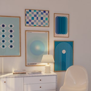Abstract Retro Blue Bauhaus Poster Print Wall Art Set, Trendy Set of 6 ...
