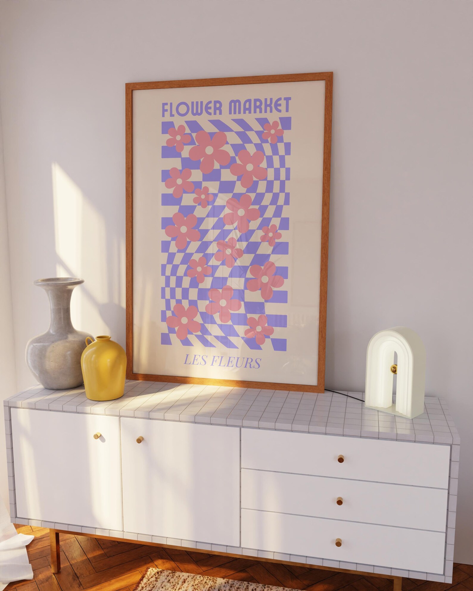 Retro Flower Market Les Fleurs Print, Vintage Pink and Purple Checkers ...