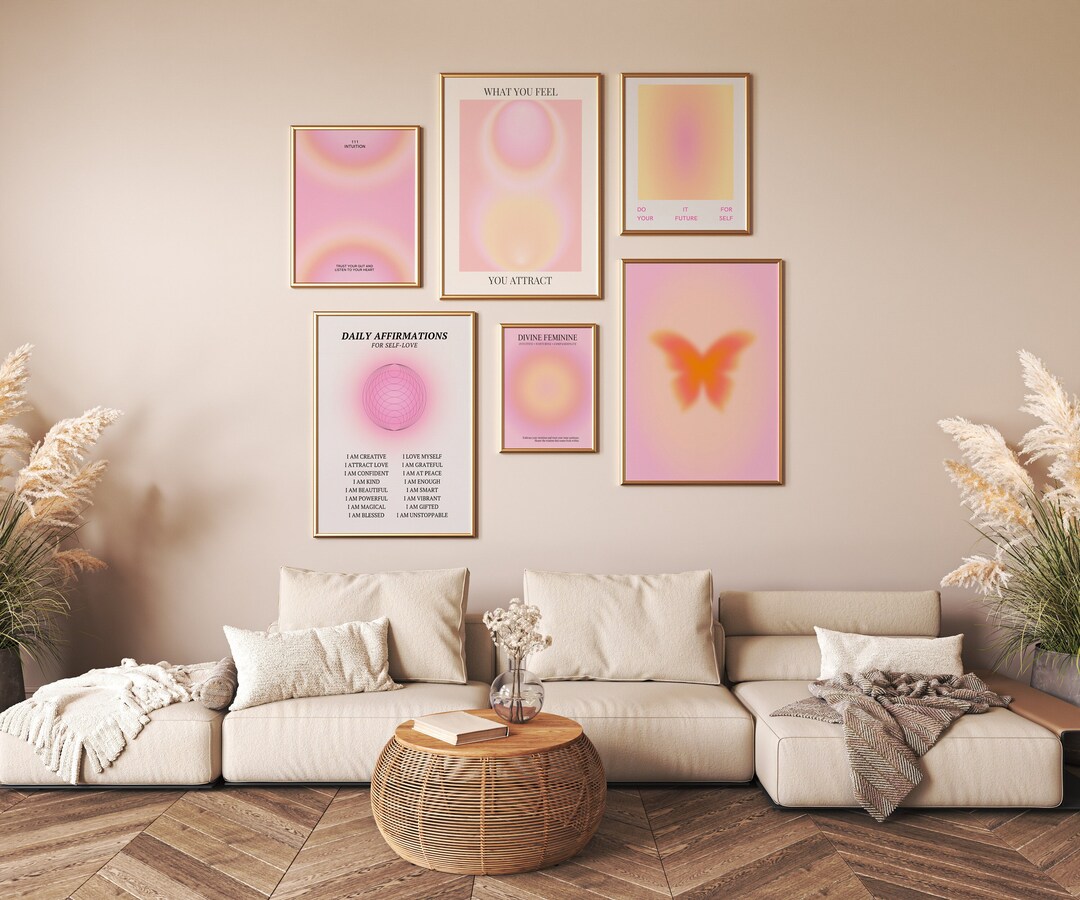Positive Affirmation Pink and Orange Aura Poster Set of 6 Prints ...