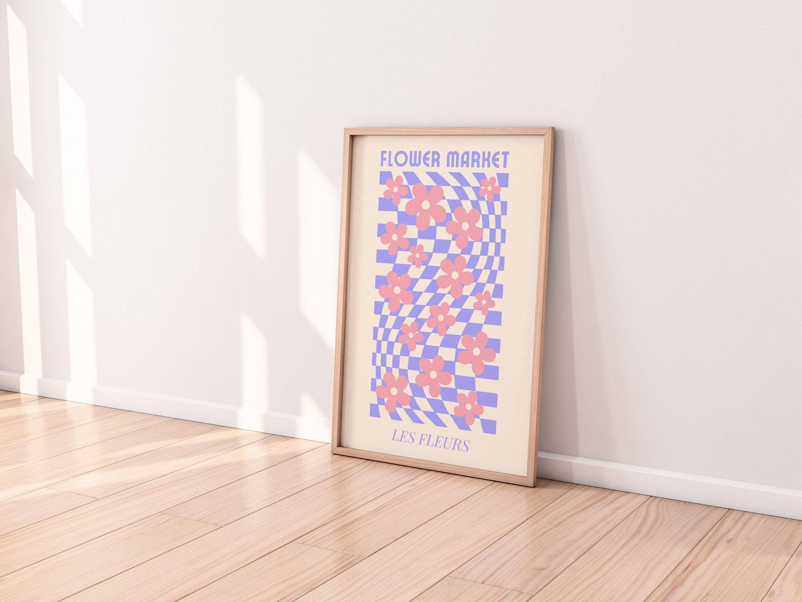 Retro Flower Market Les Fleurs Print, Vintage Pink and Purple Checkers ...