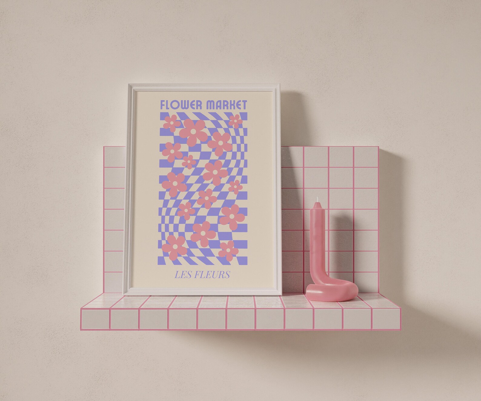 Retro Flower Market Les Fleurs Print, Vintage Pink and Purple Checkers ...
