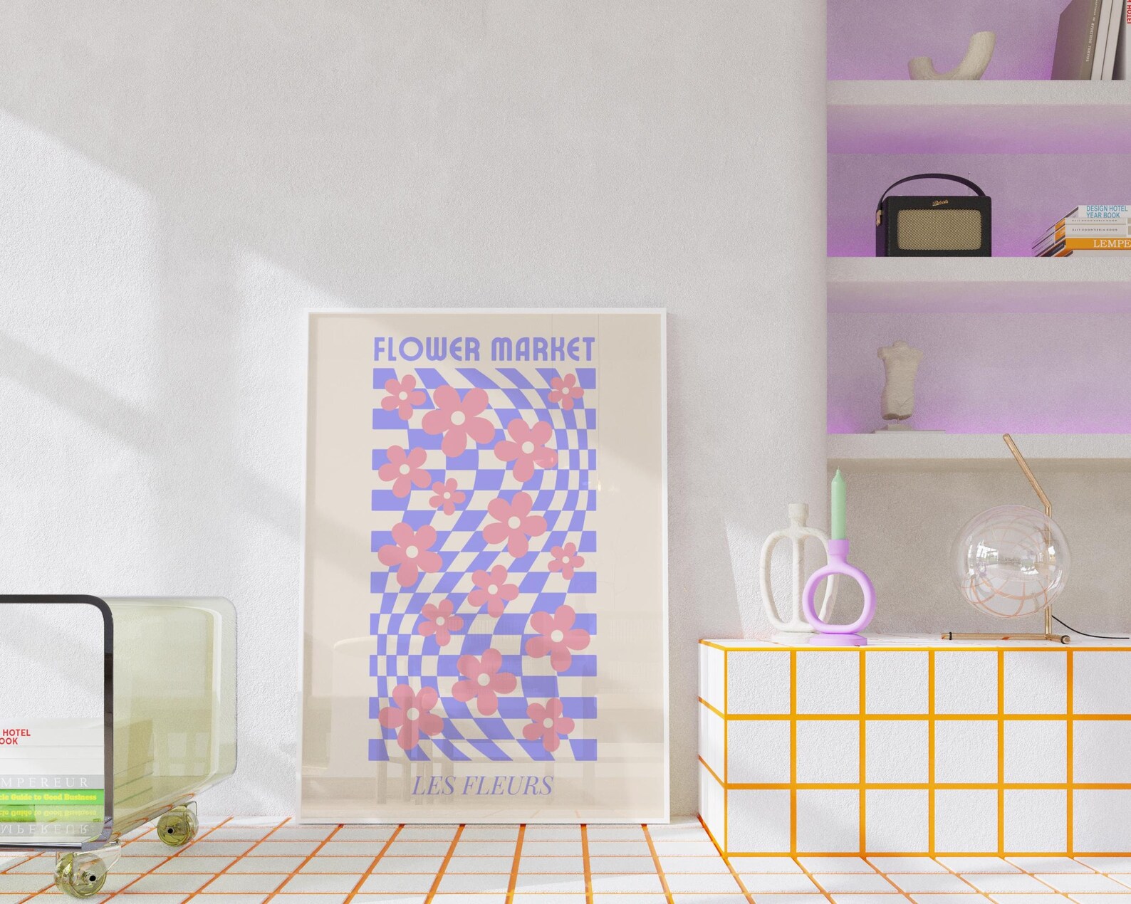 Retro Flower Market Les Fleurs Print, Vintage Pink and Purple Checkers ...