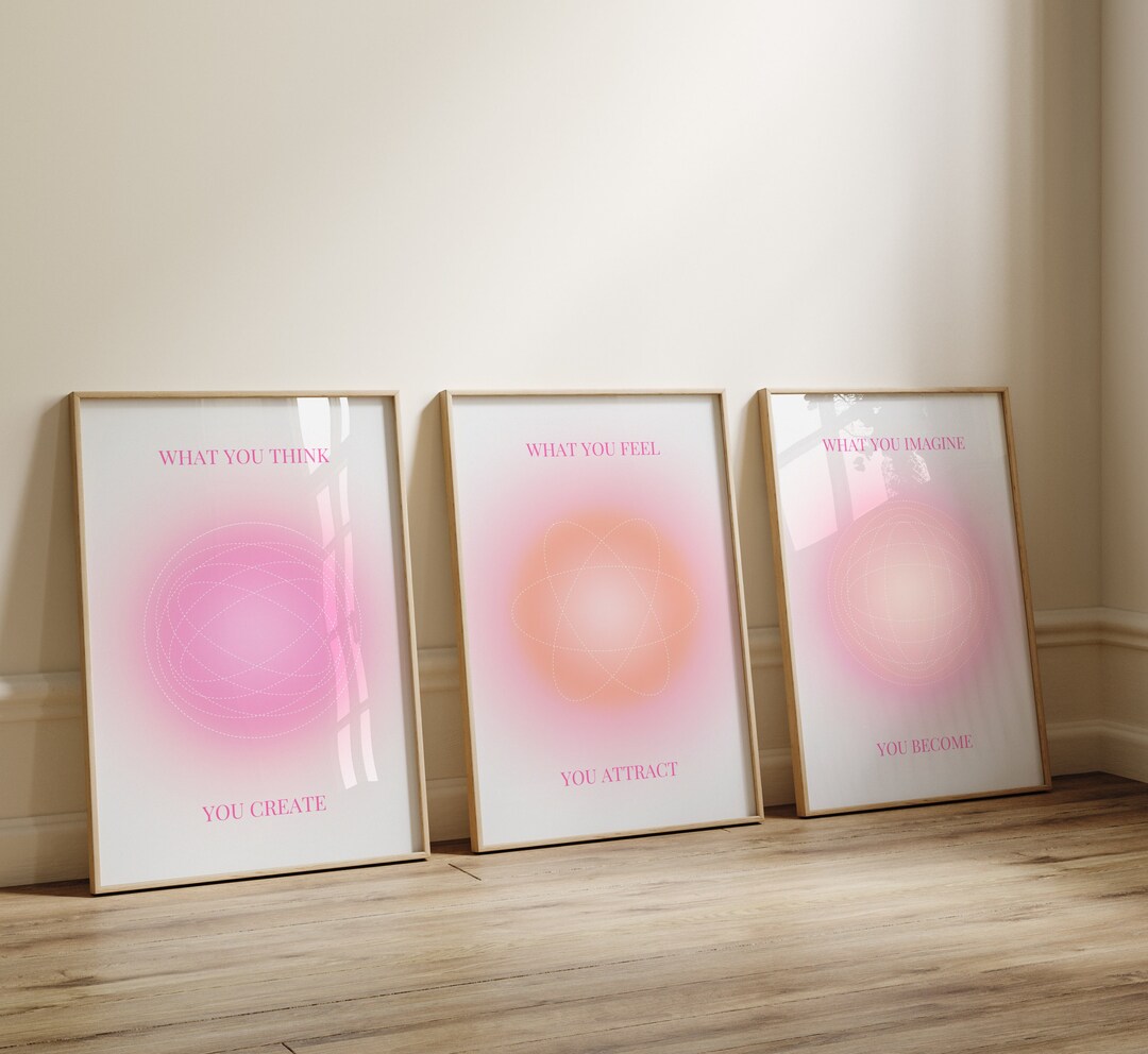 Aura Poster 3 Piece Wall Art, Pink Aura Energy Spiritual Gradient ...