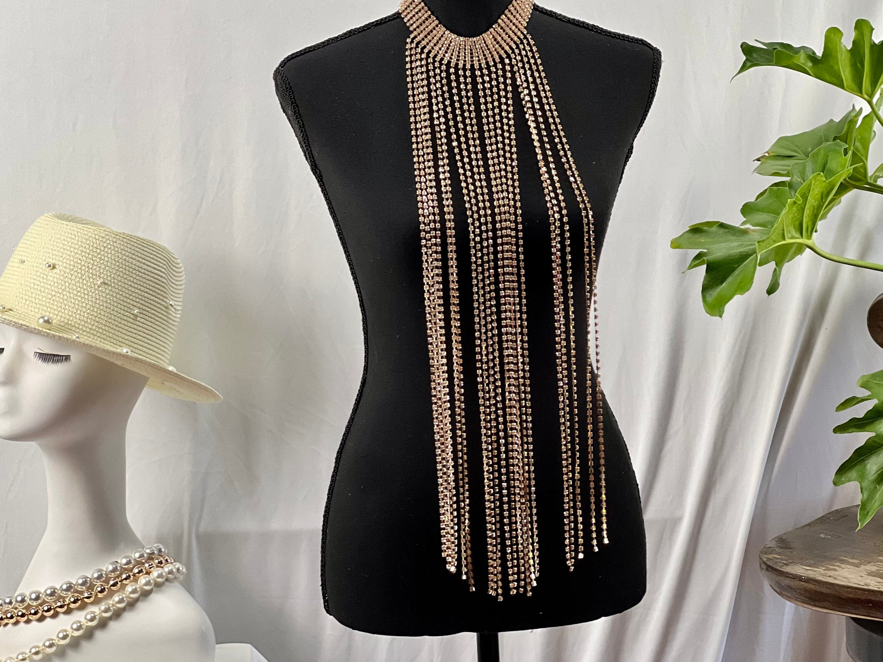 Crystal Gold Metal Body Chain Necklace Tassels Chain Necklace Bling ...