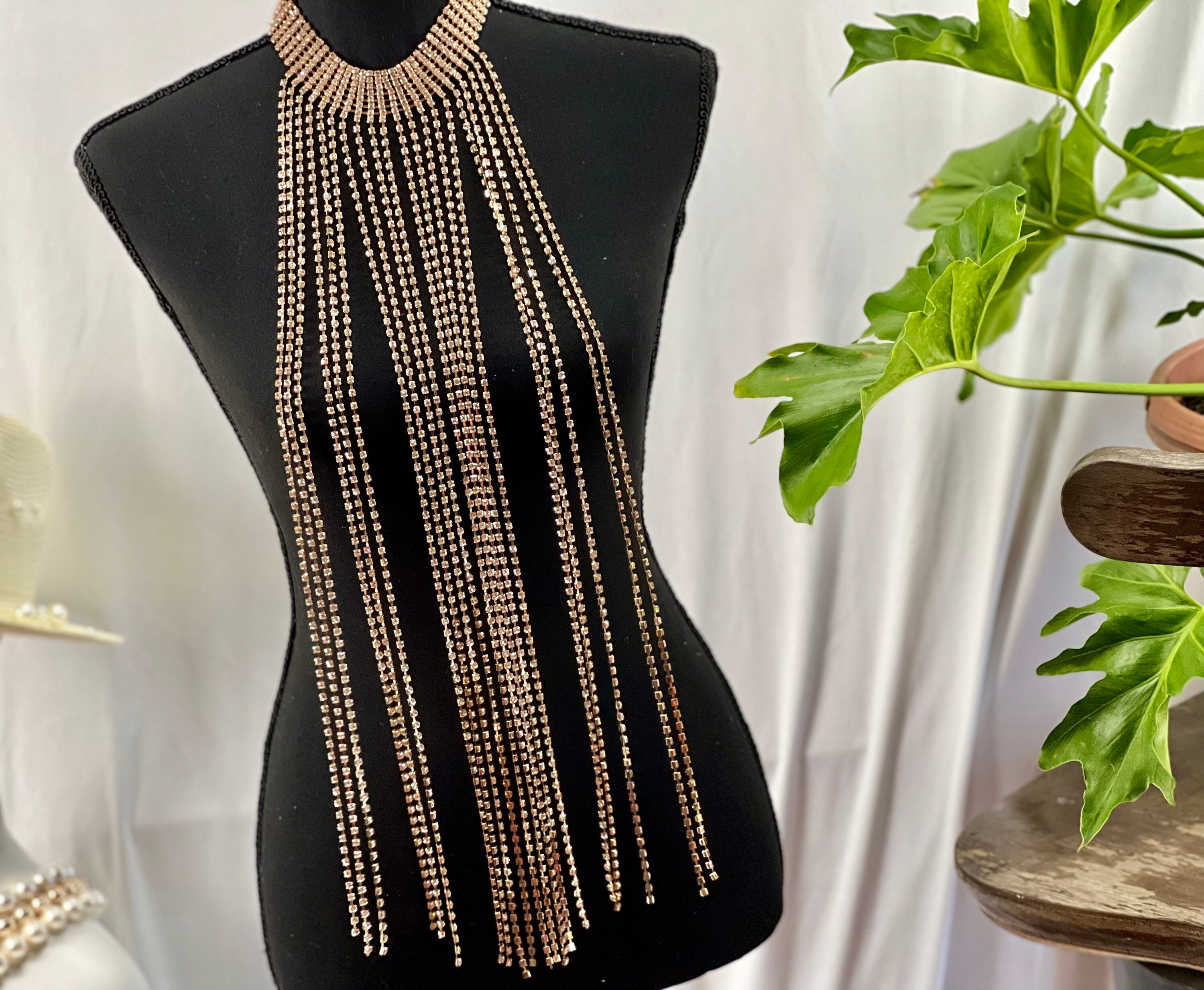 Crystal Gold Metal Body Chain Necklace Tassels Chain Necklace Bling ...