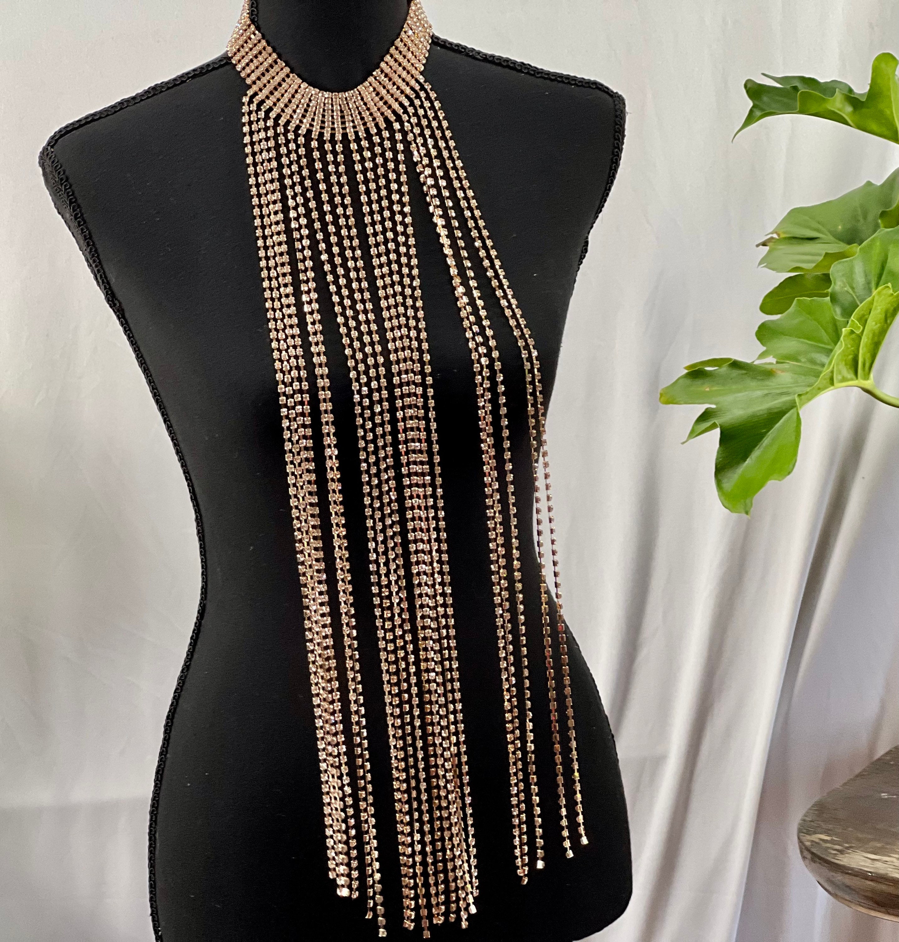 Crystal Gold Metal Body Chain Necklace Tassels Chain Necklace Bling ...