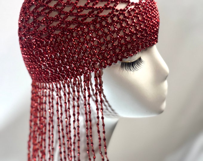 1920s Style FULLY Beaded White Ivory Iridescent FLAPPER Skull Head Cap ...