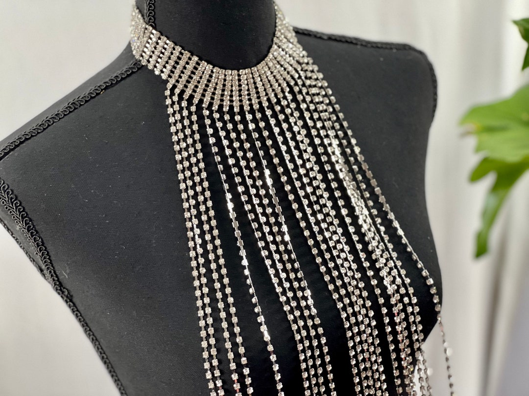 Crystal Silver Metal Body Chain Necklace Tassels Chain Necklace Bling