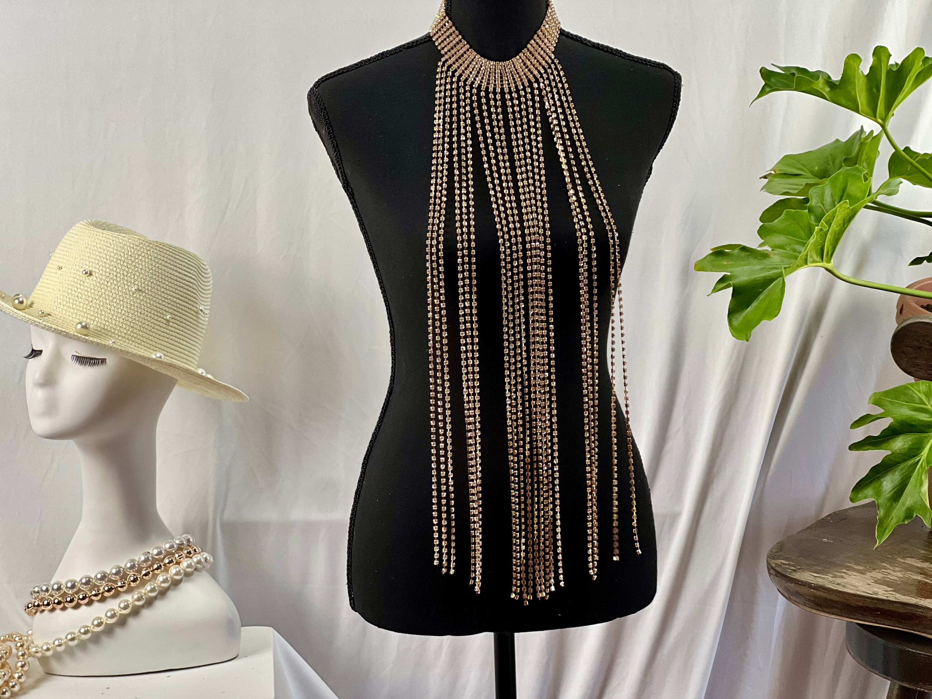 Crystal Gold Metal Body Chain Necklace Tassels Chain Necklace Bling ...