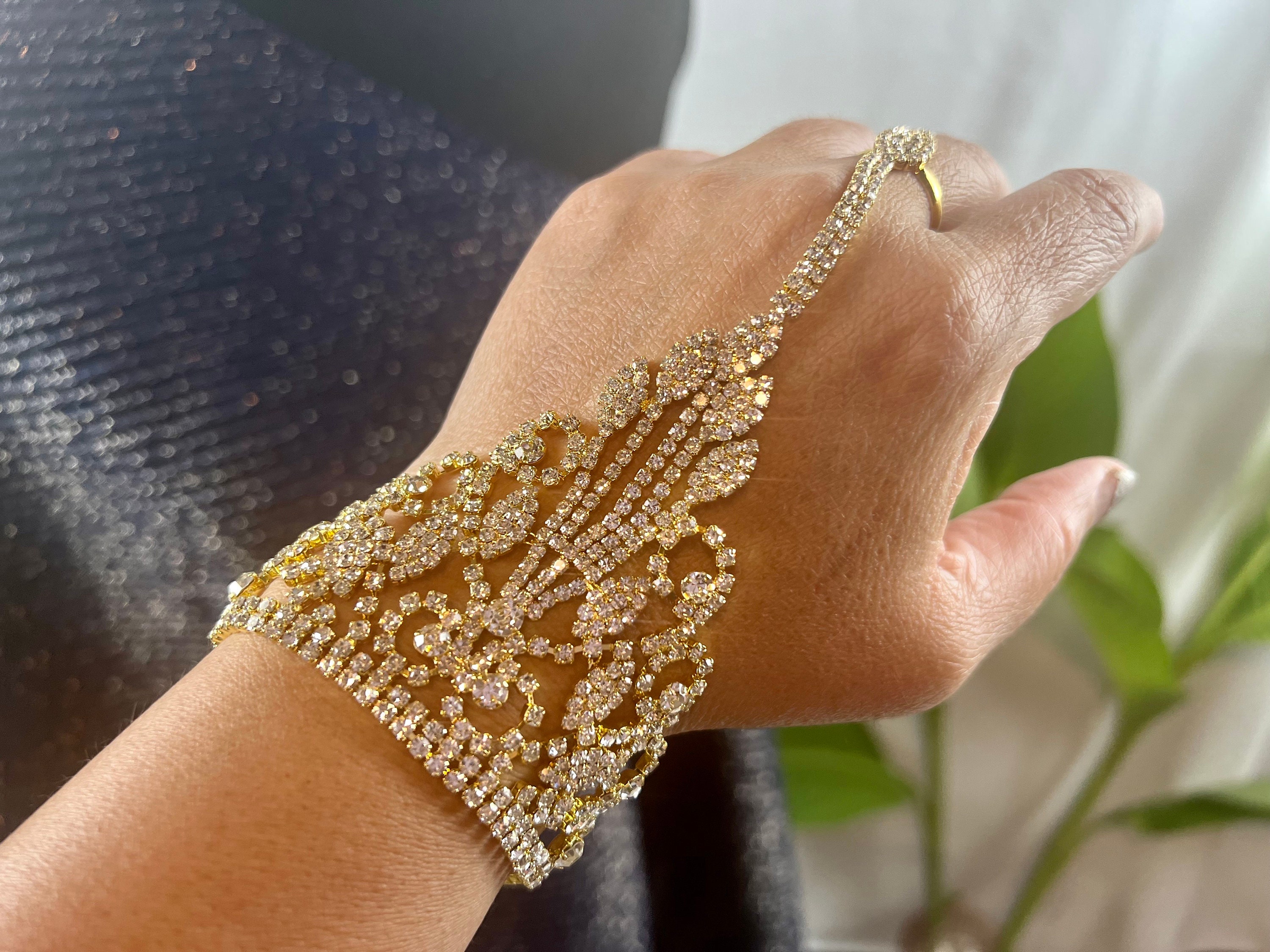 Gorgeous Crystal Rhinestone Hand Chain GOLD Alloy Chain Bracelet ...