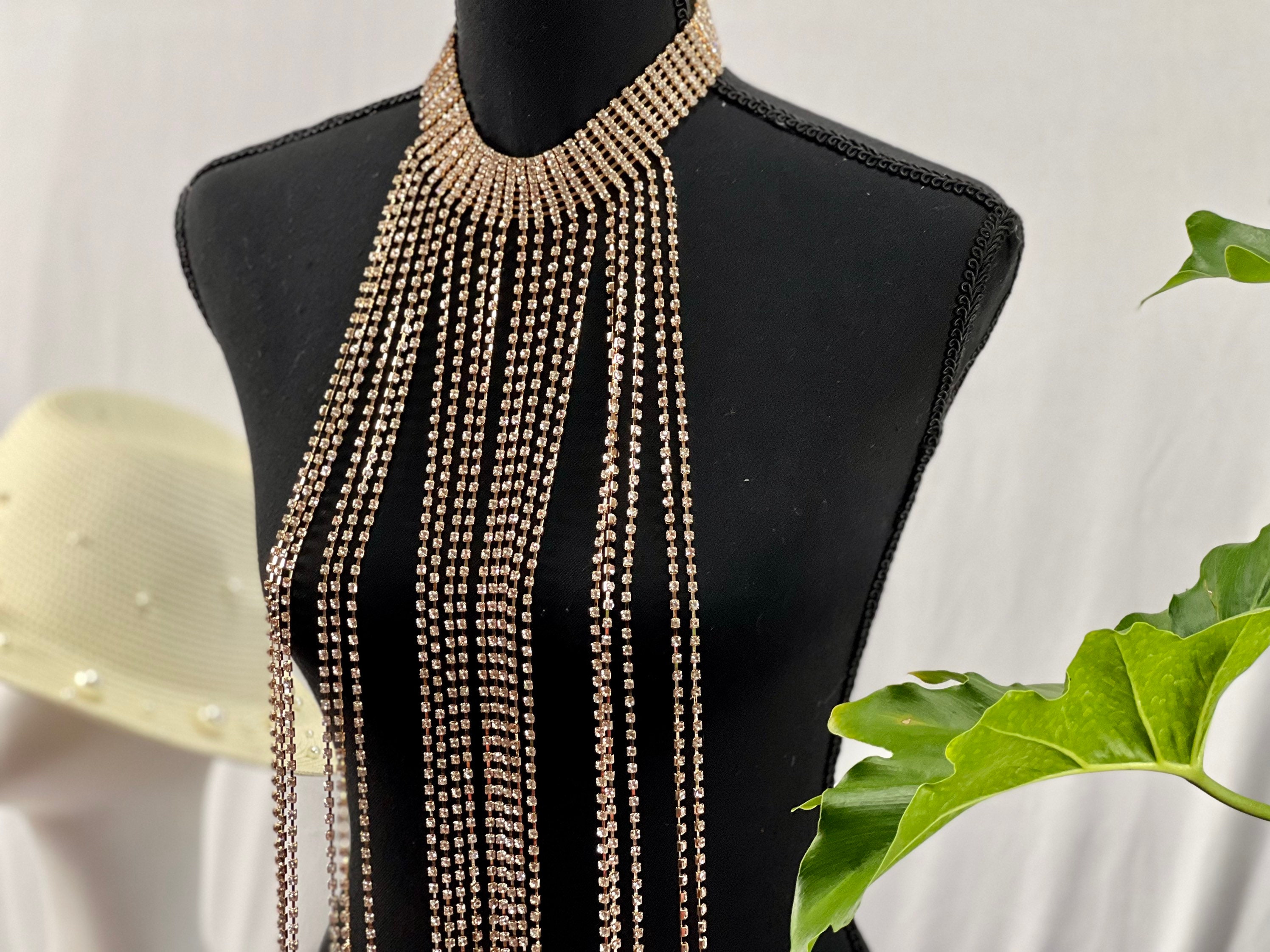 Crystal Gold Metal Body Chain Necklace Tassels Chain Necklace Bling ...