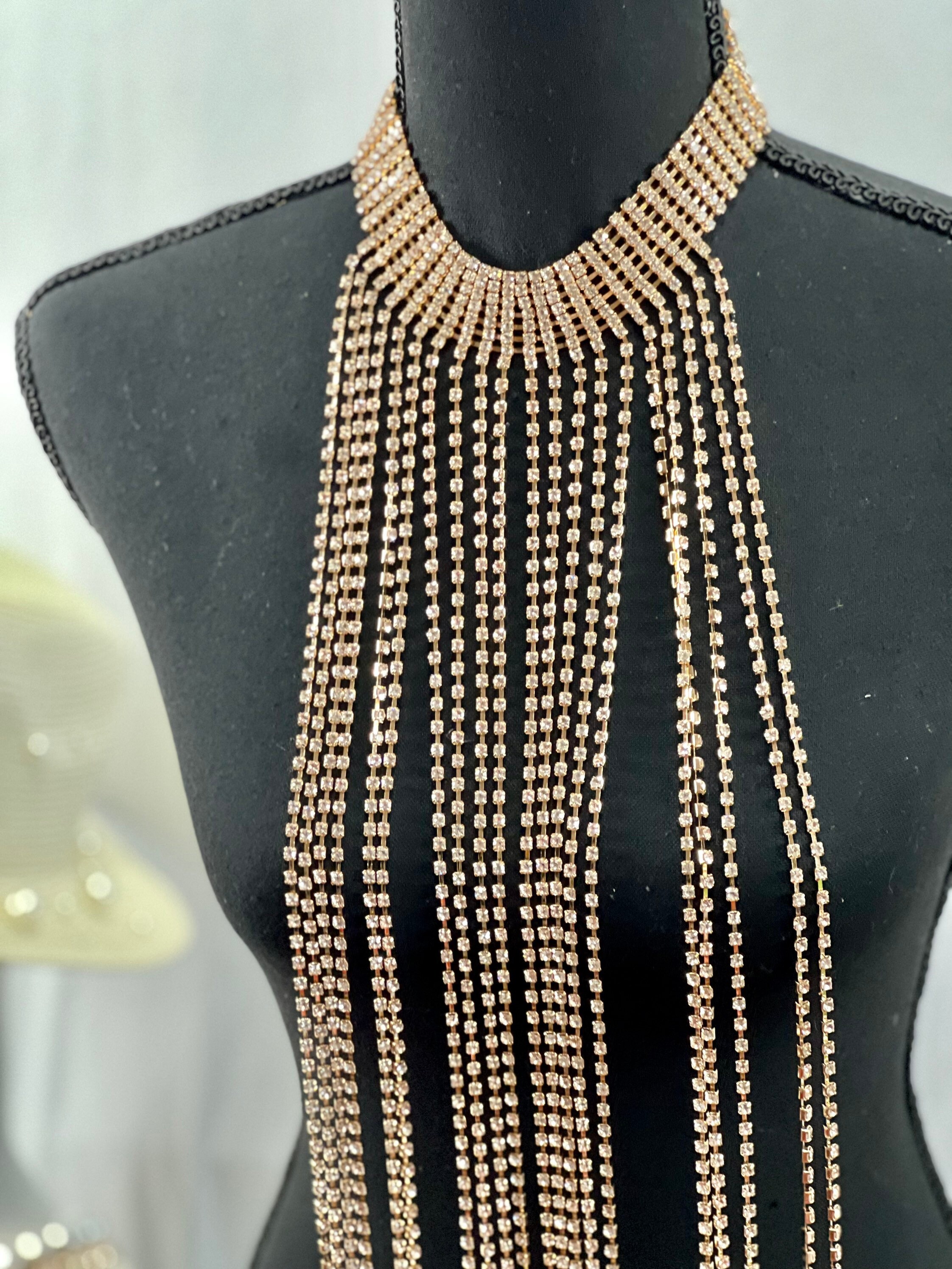 Crystal Gold Metal Body Chain Necklace Tassels Chain Necklace Bling ...