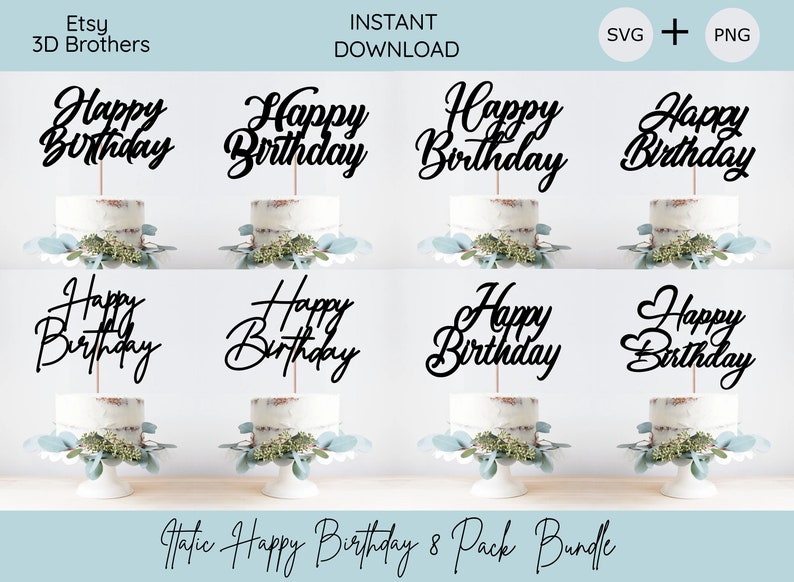 Happy Birthday Bundle Cake Topper SVG Italic Cursive Cake Topper Laser ...