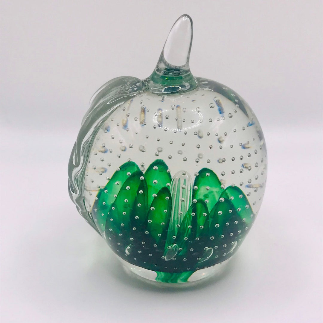 Vintage Gibson Art Glass Apple Paperweight Flowers Green Controlled ...