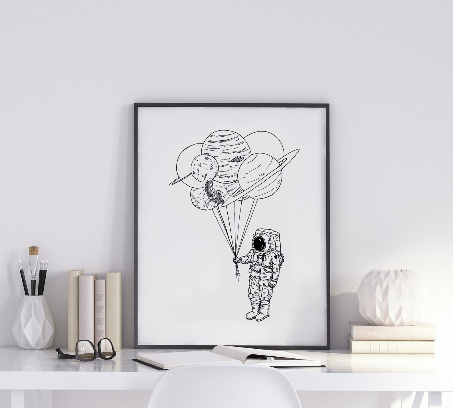 Astronaut Holding Planet Bouquet Pen & Ink Print - Etsy