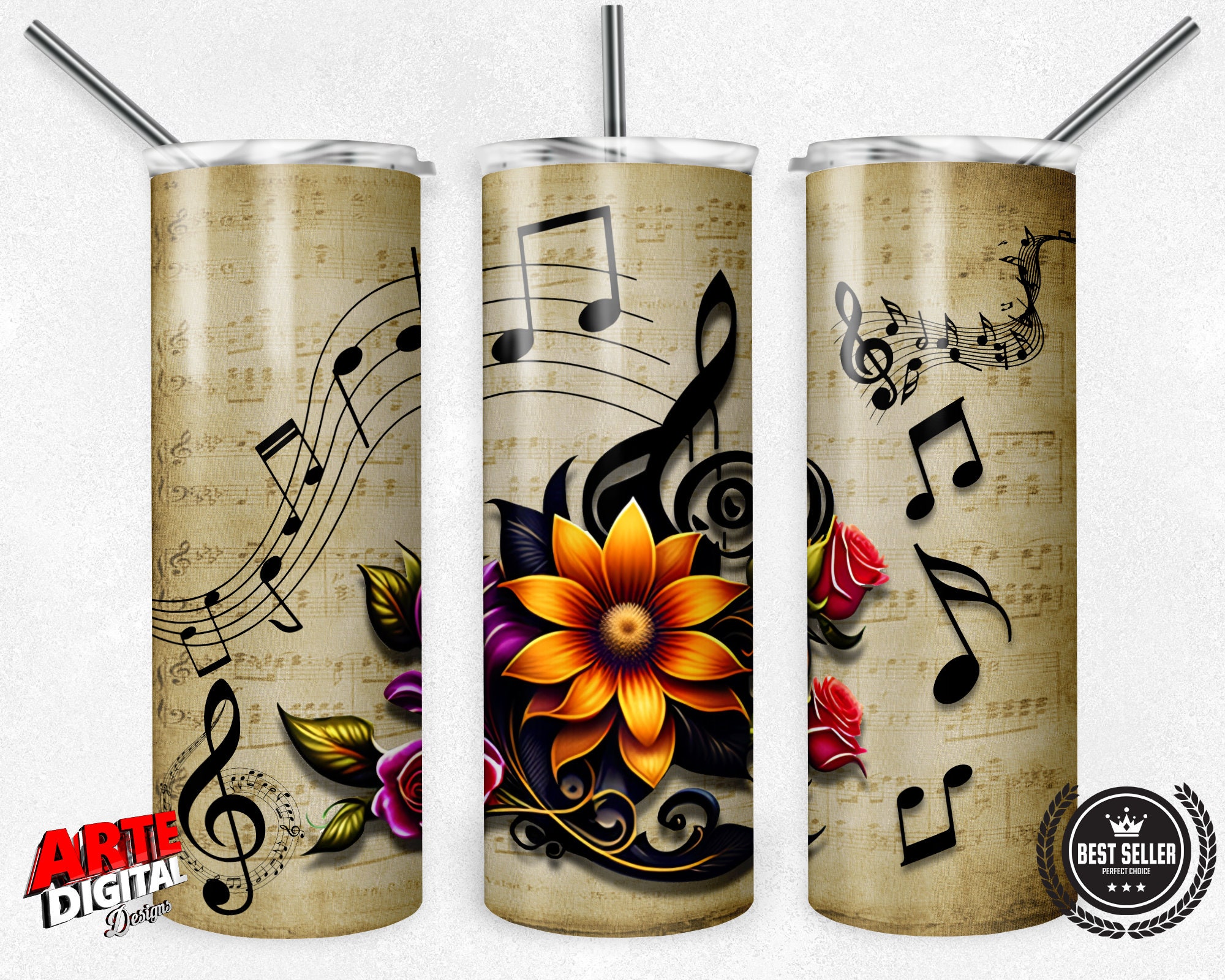 Music Note Tumbler Wrap, Music Wrap for Tumbler, Vintage Flowers PNG ...