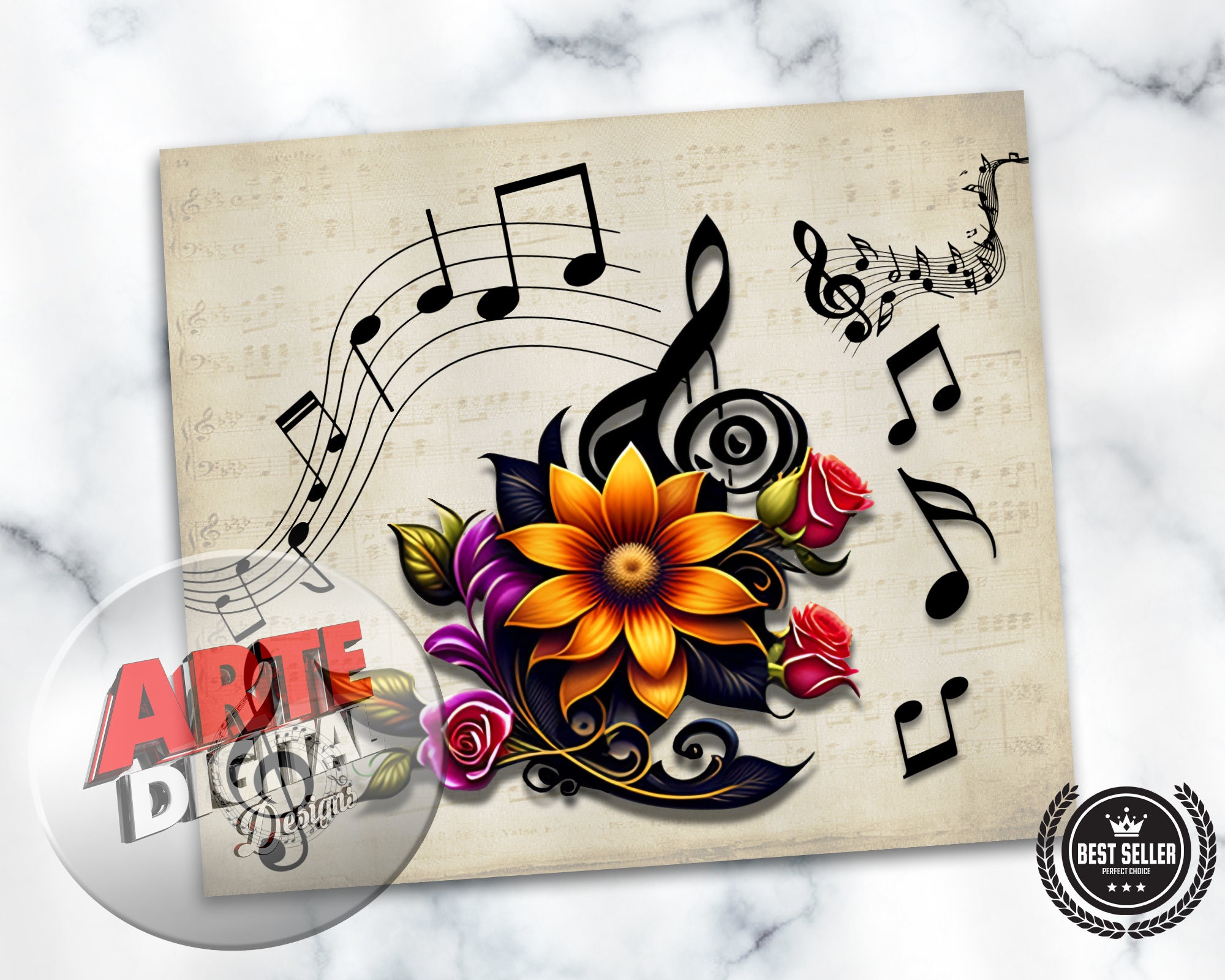 Music Note Tumbler Wrap, Music Wrap for Tumbler, Vintage Flowers PNG ...