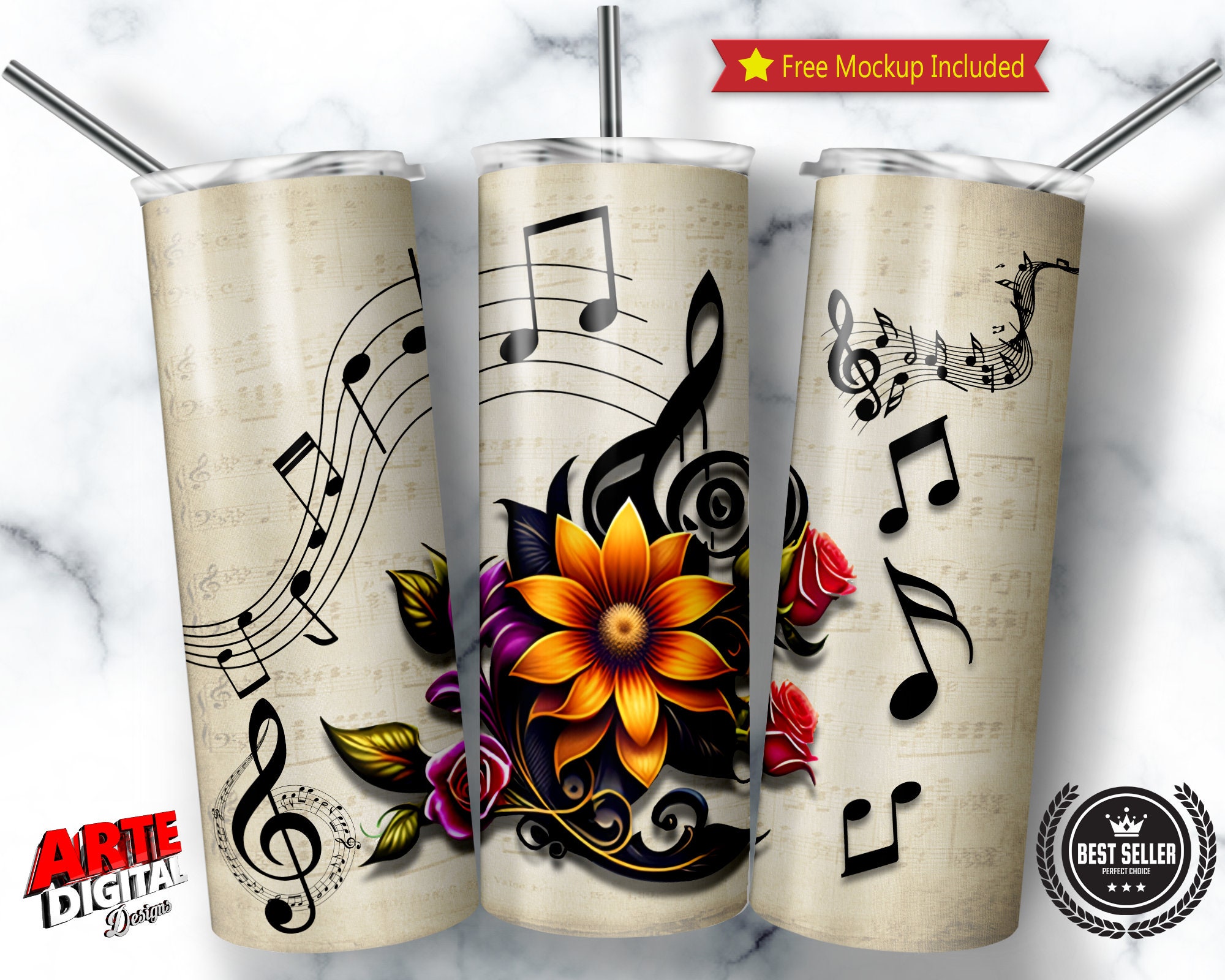 Music Note Tumbler Wrap, Music Wrap for Tumbler, Vintage Flowers PNG ...