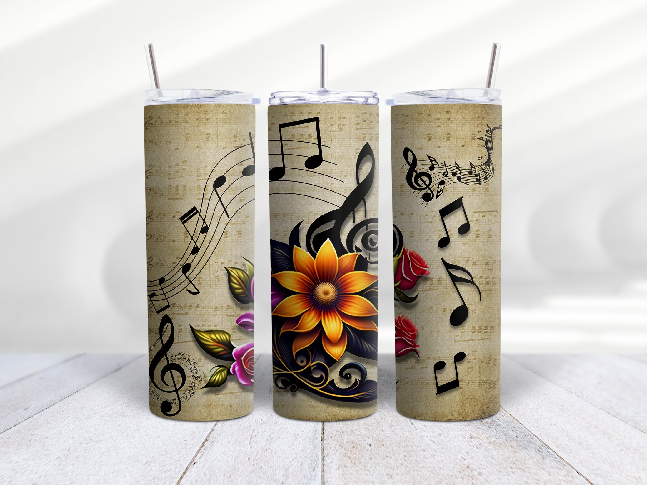 Music Note Tumbler Wrap, Music Wrap for Tumbler, Vintage Flowers PNG ...