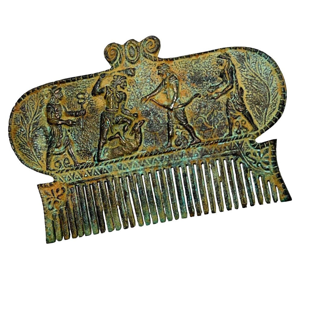 Ornate Roman Empire Etruscan Metal Hair Comb With Hunting Food Wine ...