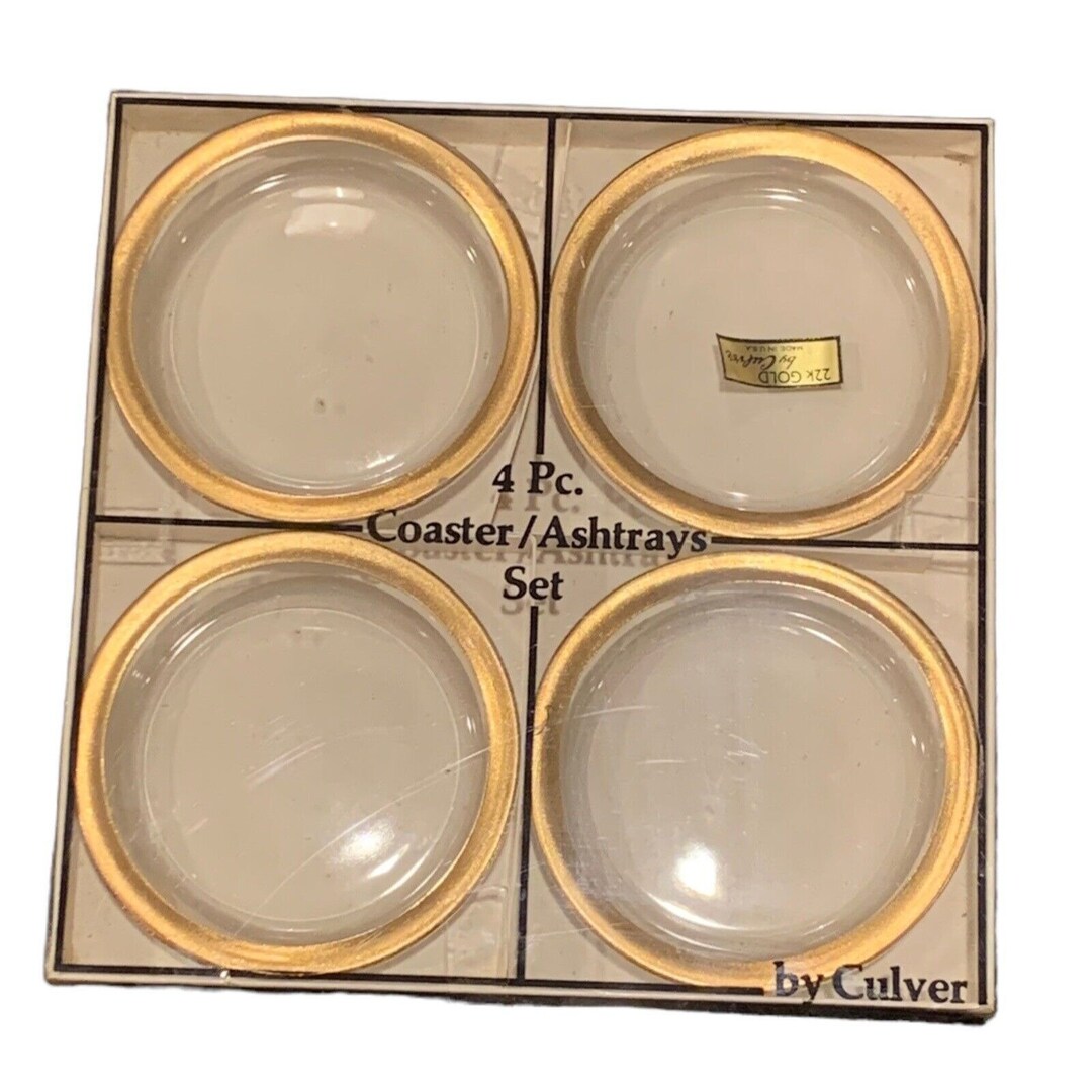 Culver 22k Gold Glass 4 Piece Coaster / Ashtrays Set Made USA NIB ...