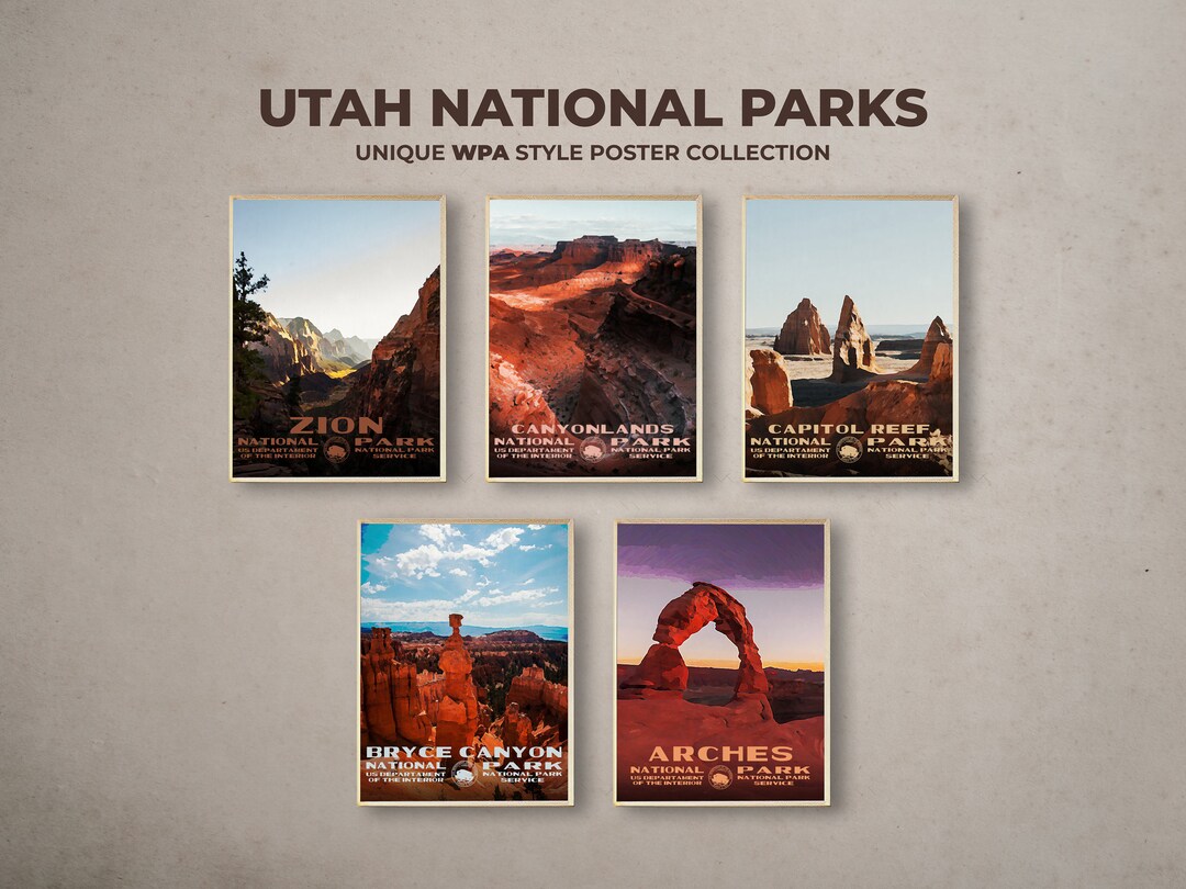 Utah National Park Poster, Set of 5 Prints, WPA Style, Vintage Poster ...