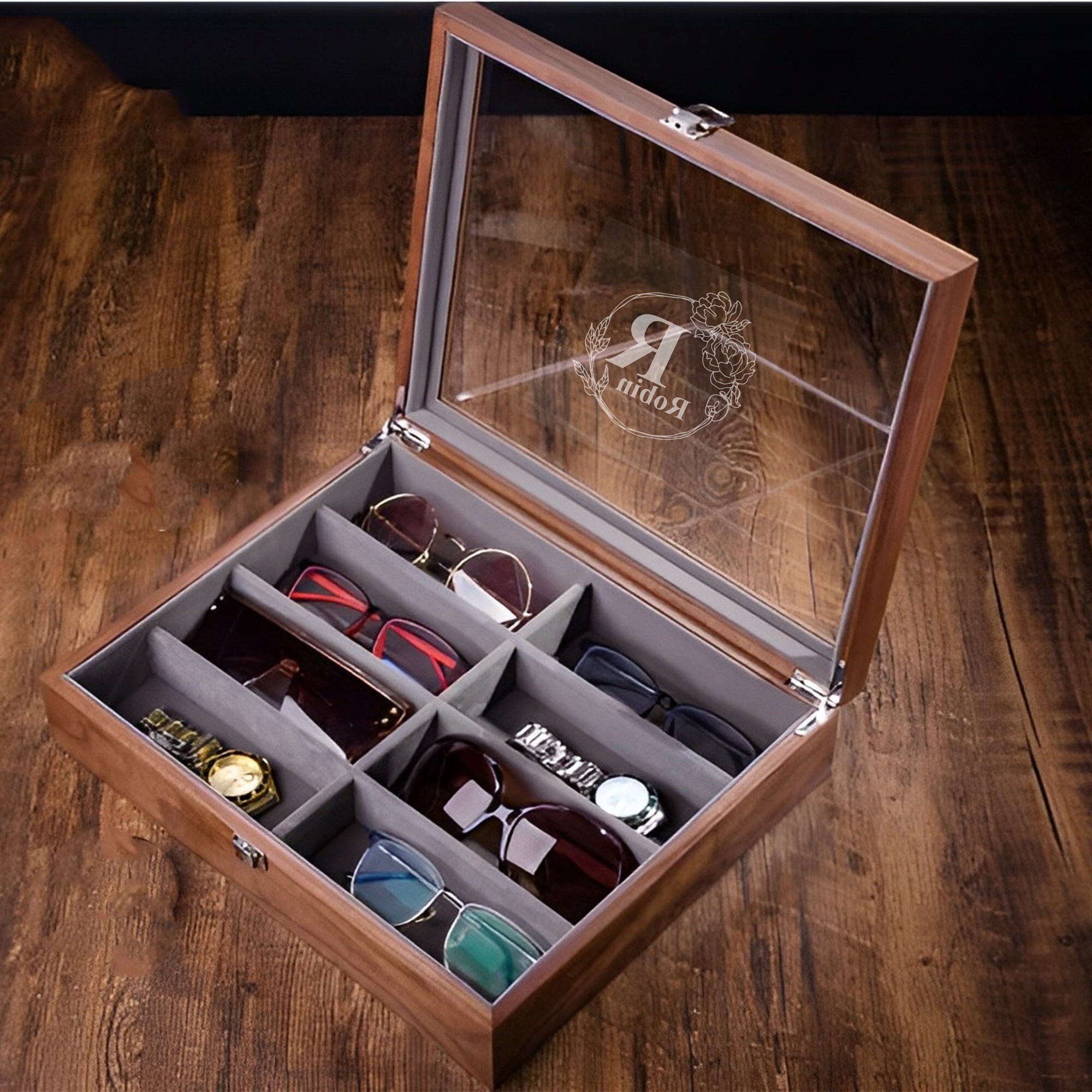 Personalized Engrave Sunglasses Box for Men,8 Divider Slots Wooden ...