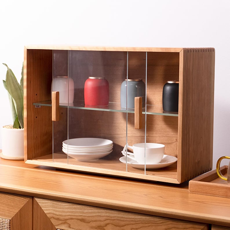 Walnut Desktop Cabinet: 2-layer Glass Dust-proof Tableware Organizer - Etsy