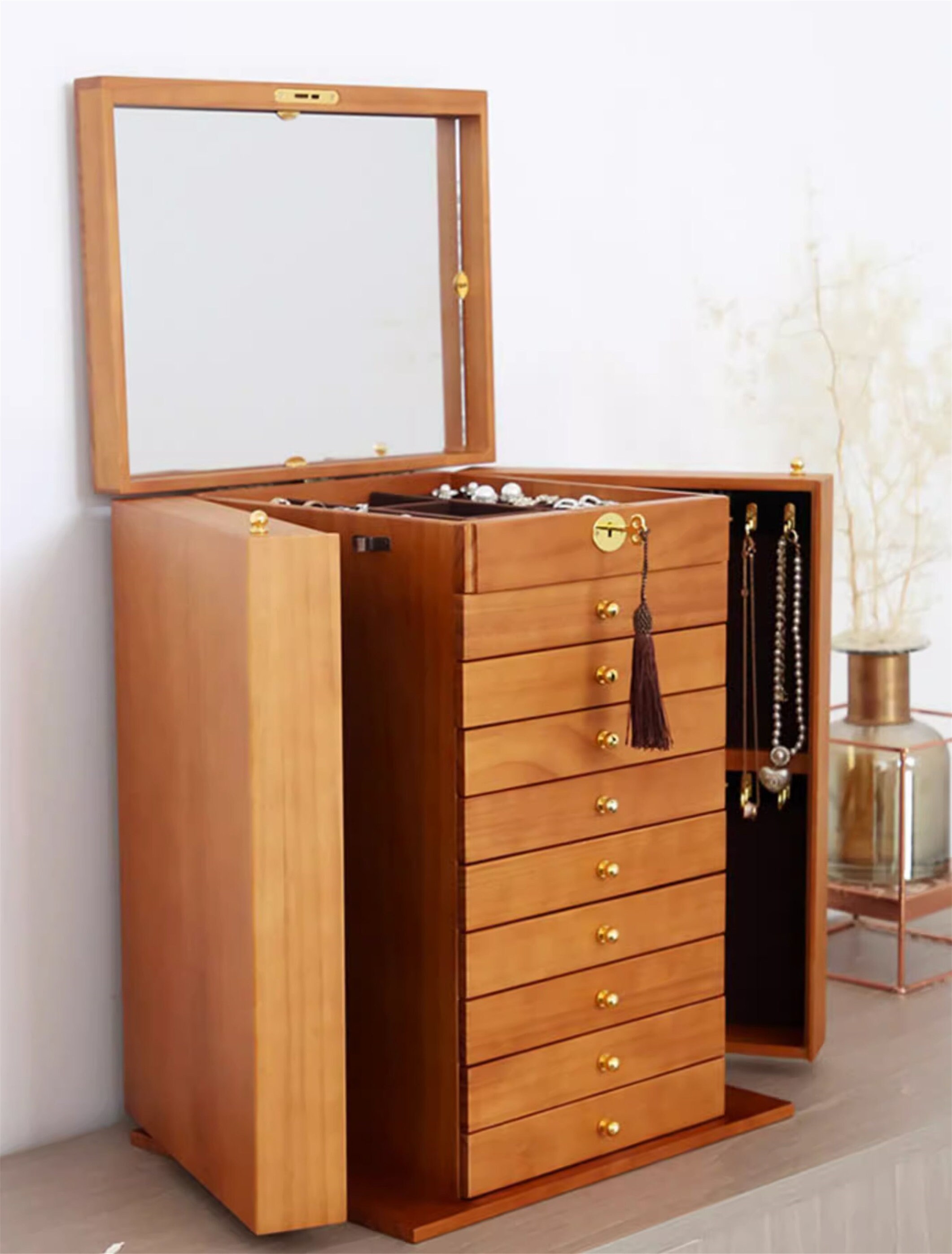 10-layer High-capacity Solid Wood Jewelry Box With Fully Locking for ...