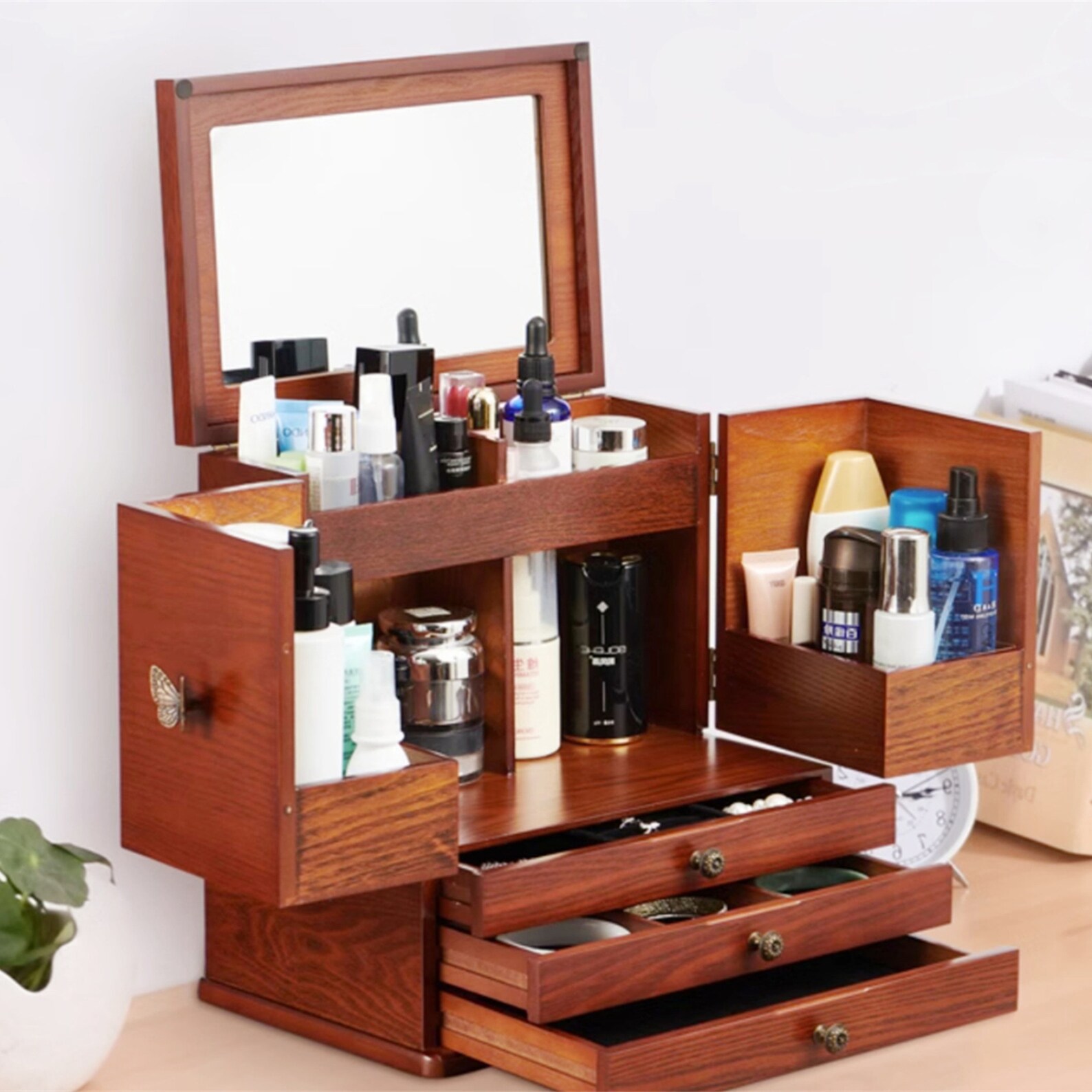 Large Vintage Wooden Makeup Organizers,high-capacity Cosmetic Storage ...