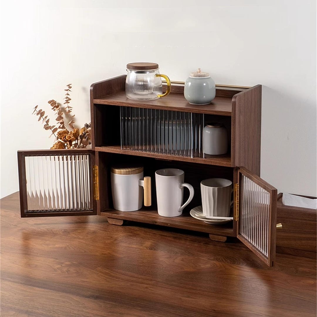 Walnut Desktop Storage Cabinet 2-layer Coffee Cup Mug Shelf. Glass Dust ...
