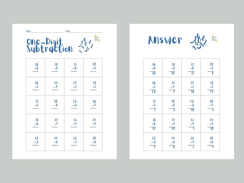 Single Digits 10-19 Subtraction With Answers Classroom Subtract Sub ...