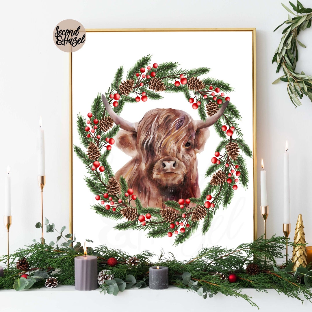 Winter Highland Cow Printable, Christmas Cow Illustration, Scottish ...