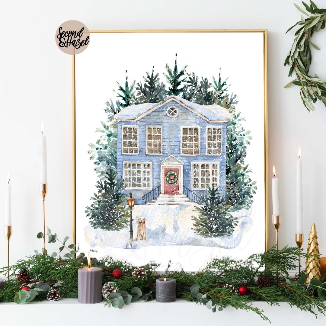 Christmas House Printable, Winter House Illustration, Golden Retriever ...