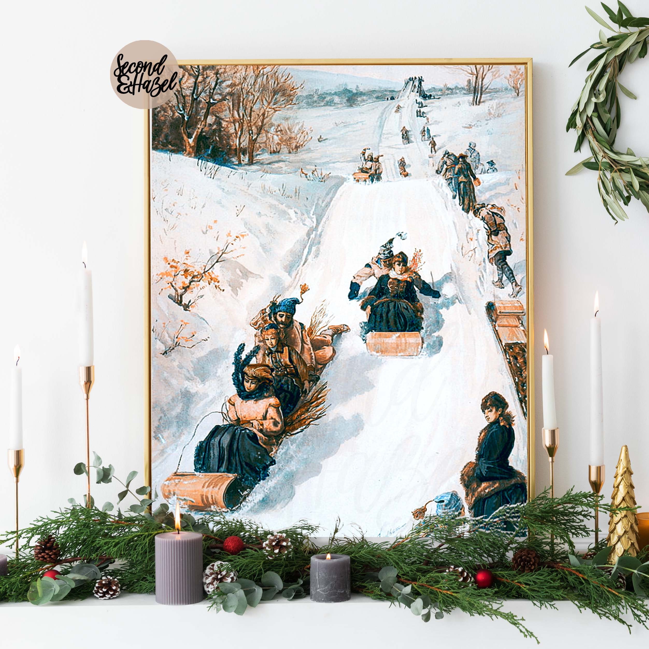 Tobogganing Printable, Winter Scene Illustration, Sledding Christmas ...