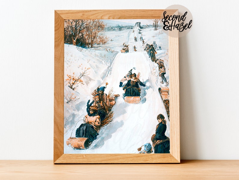 Tobogganing Printable, Winter Scene Illustration, Sledding Christmas ...