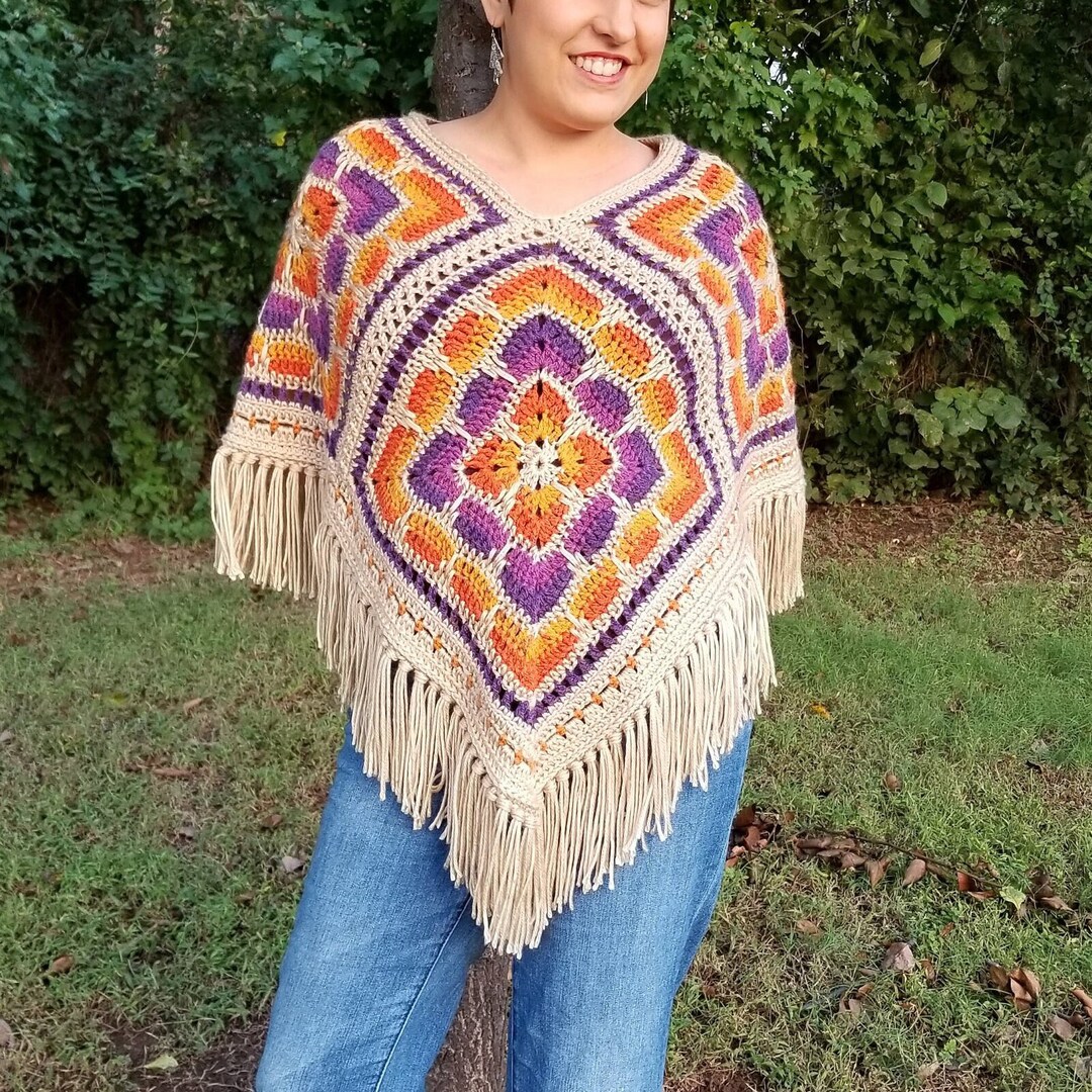 Cozy Boho Poncho Retro Floral Groovy Hippie Vibes Fringe Orange Purple ...