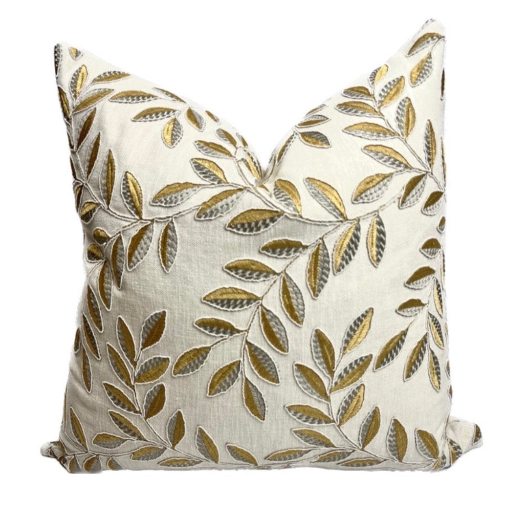 Gold and Silver Leaf Embroidered Throw Pillow Covers - Botanical ...