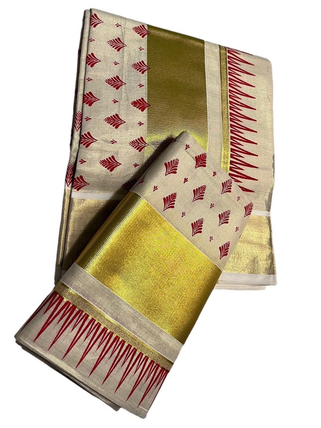 Kerala Set Mundu Gold Tissue With Red Flowers Print Vishu Onam Saree ...