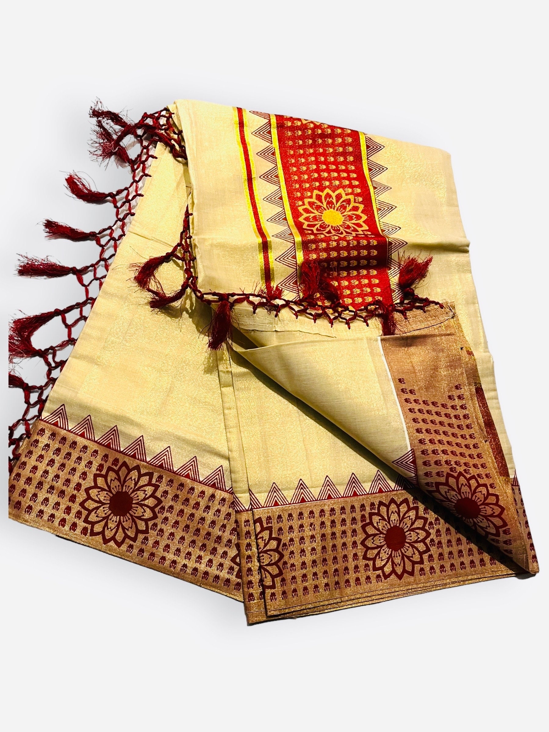 Kerala Traditional Tissue Set Saree Flowers Print in Gold Reddish Brown ...