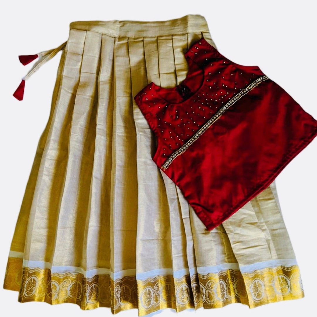 Girls Pattu Pavada skirt Onam Vishu Wear Onam Dawani Indian Dress Kids Kerala Saree Onam Saree ...