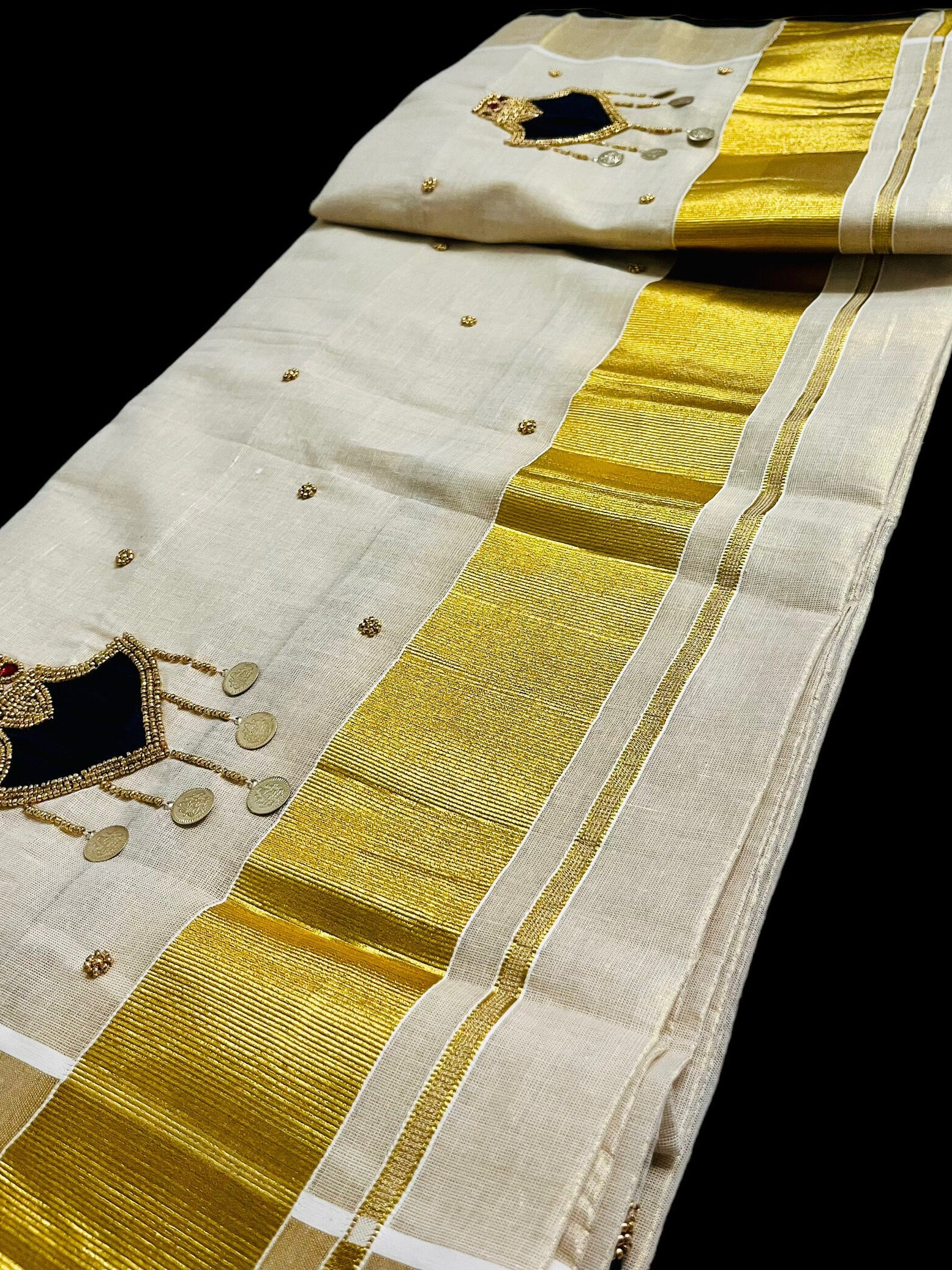 Kerala Onam Set Saree With Gold Palaka Works Beads Ariwork Tissue ...
