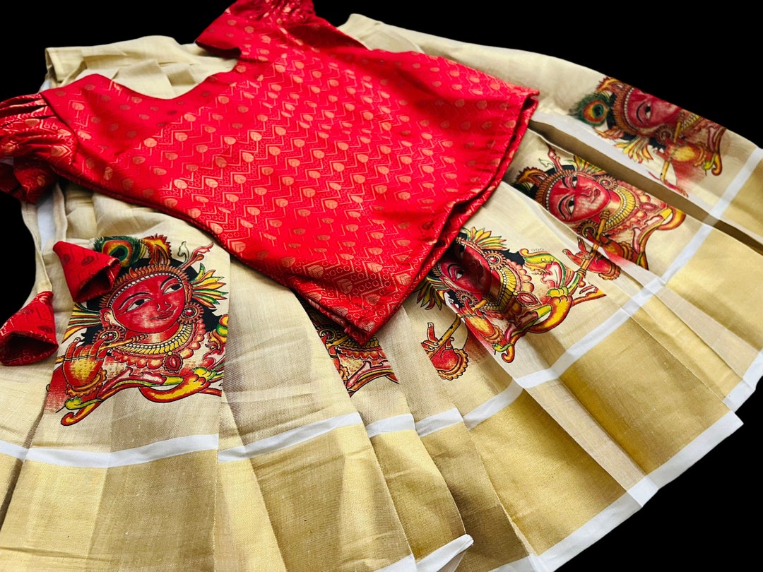 Girls Pattu Pavada |red Gold Skirt Blouse | Kerala Onam Dawani| Kerala ...