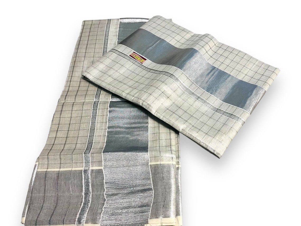 Kerala Set Mundu Silver Check Stripes Tissue | Onam Vishu Set Mundum ...