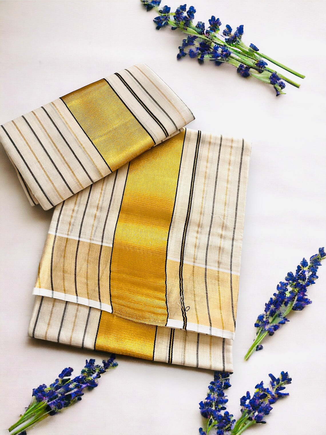 Kerala Set Mundu Gold Tissue With Stripe | Vishu Onam Saree Mundum ...