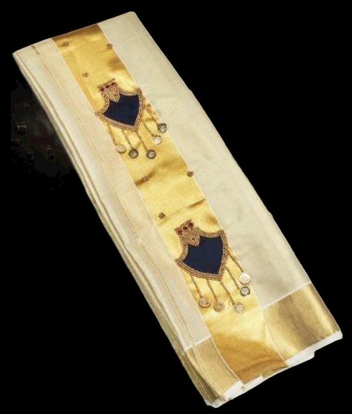 Kerala Onam Set Saree With Gold Palaka Works Beads Ariwork Tissue ...