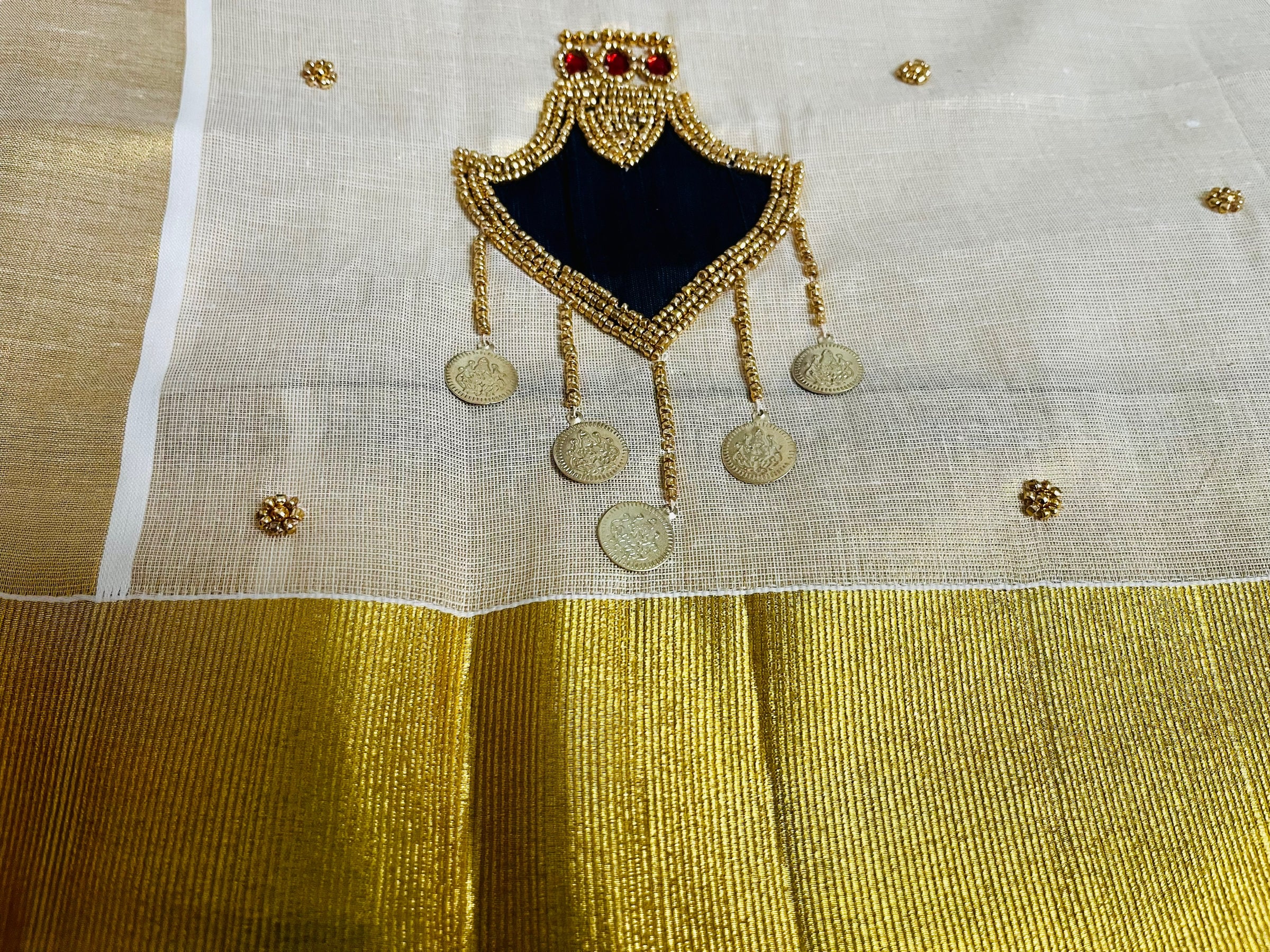 Kerala Onam Set Saree With Gold Palaka Works Beads Ariwork Tissue ...
